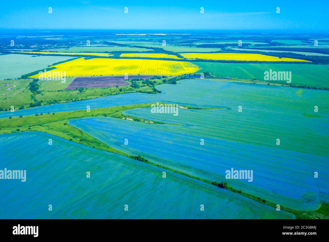 Aerial photo, multi-colored fields of yellow-blooming rapeseed, blue ...