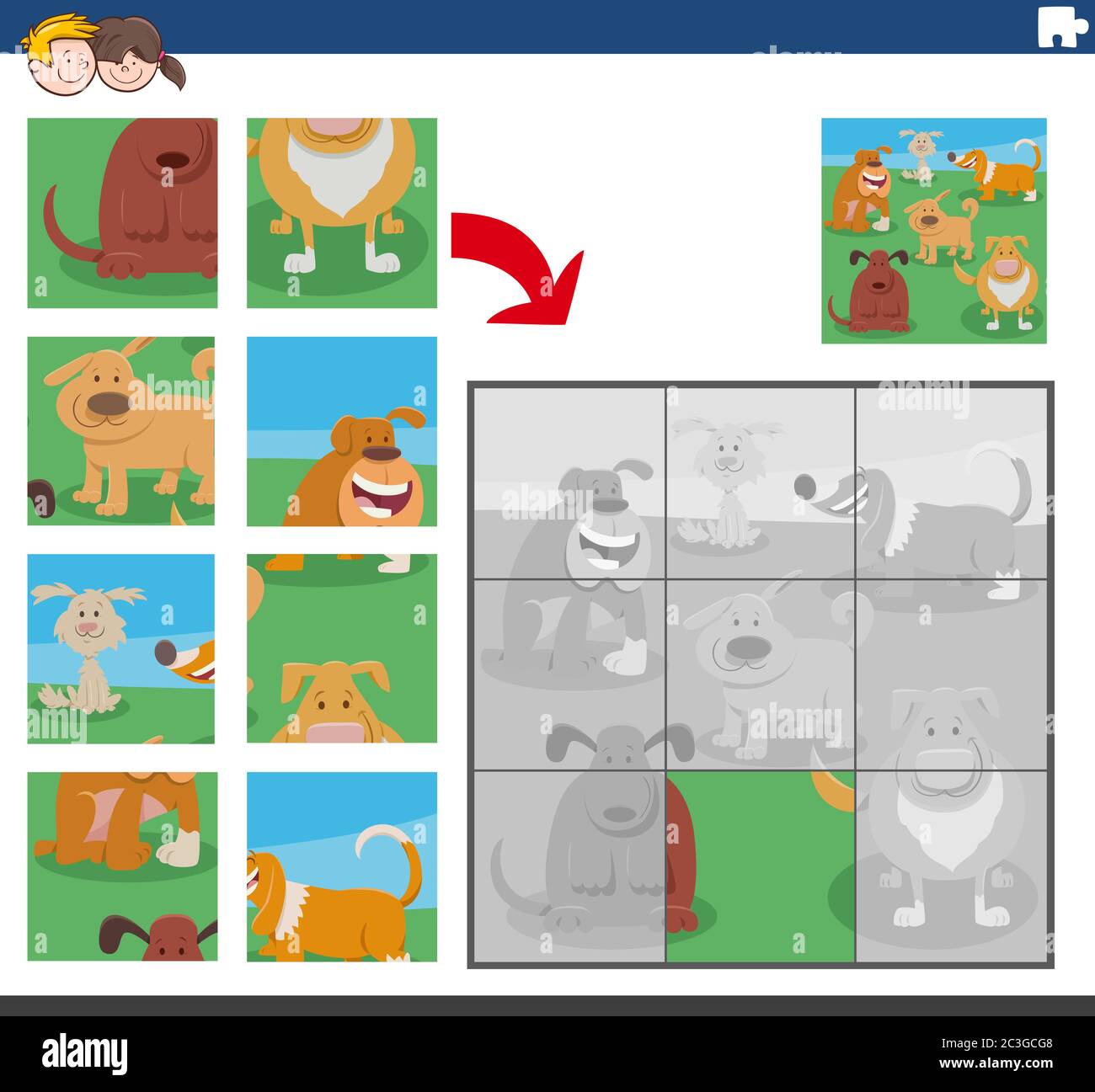 jigsaw puzzle game with funny dog characters Stock Photo - Alamy