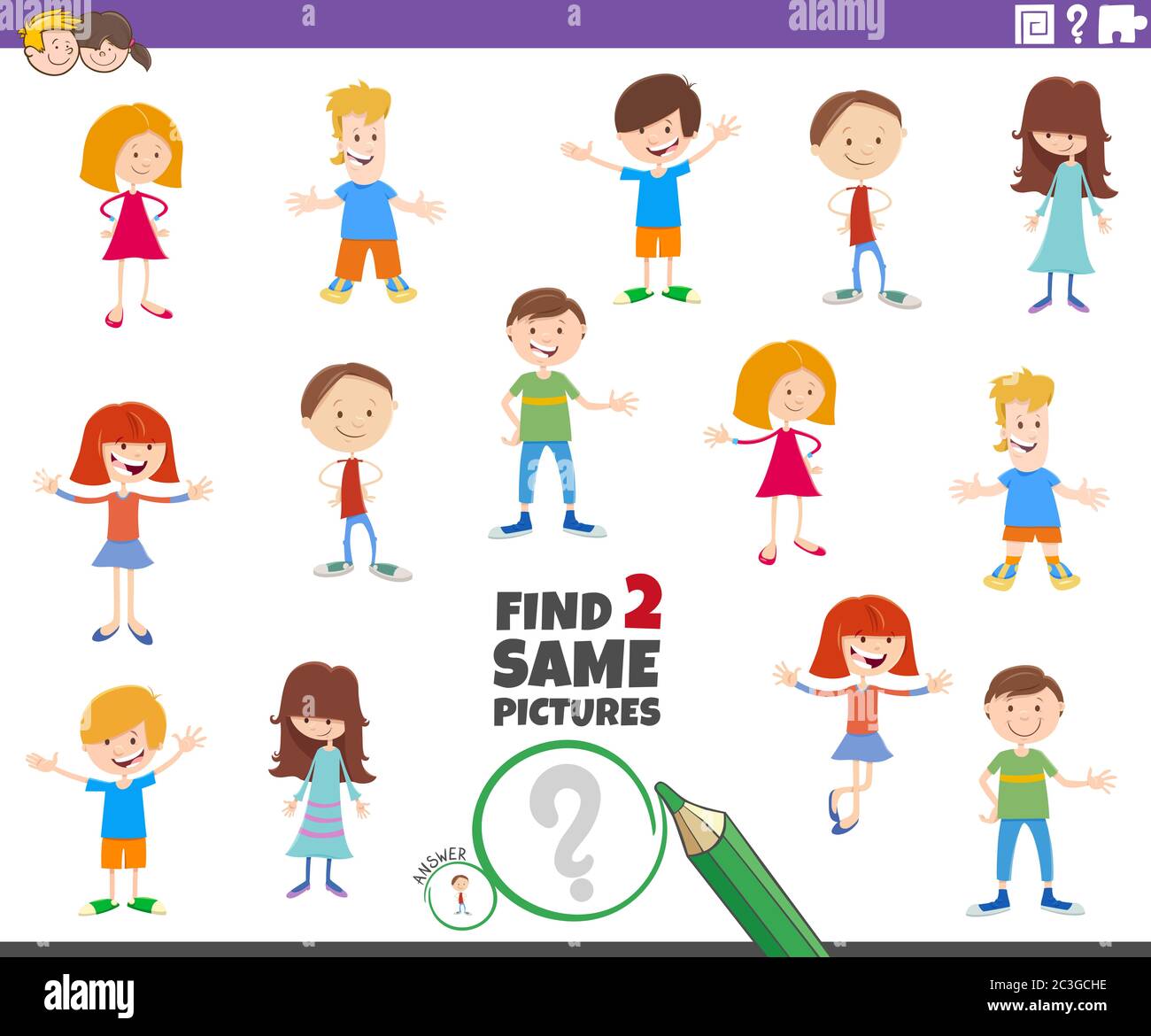 find two same kid characters task Stock Photo - Alamy