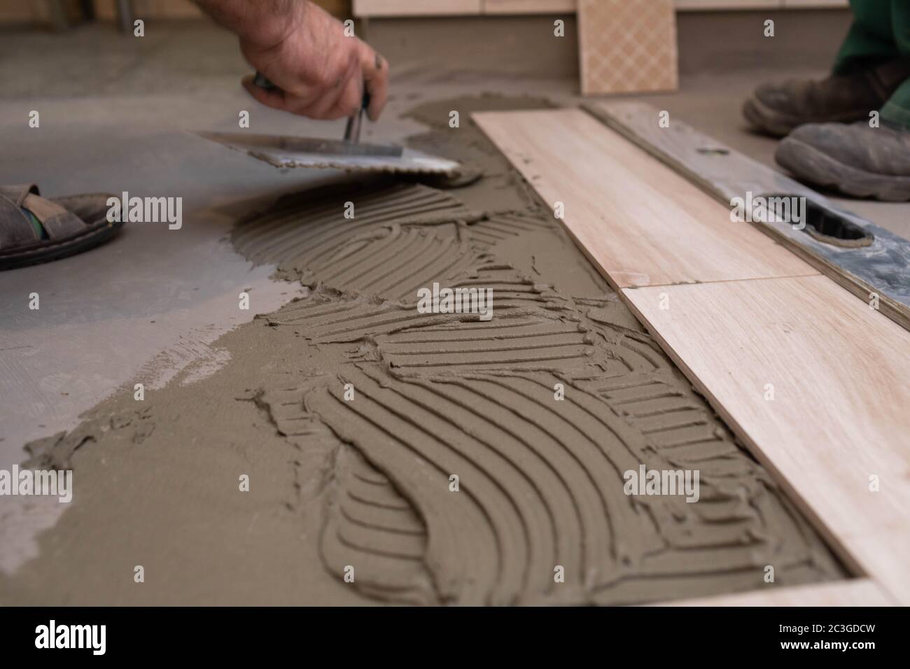 Professional construction worker laying ceramic tiles on the floor in ...
