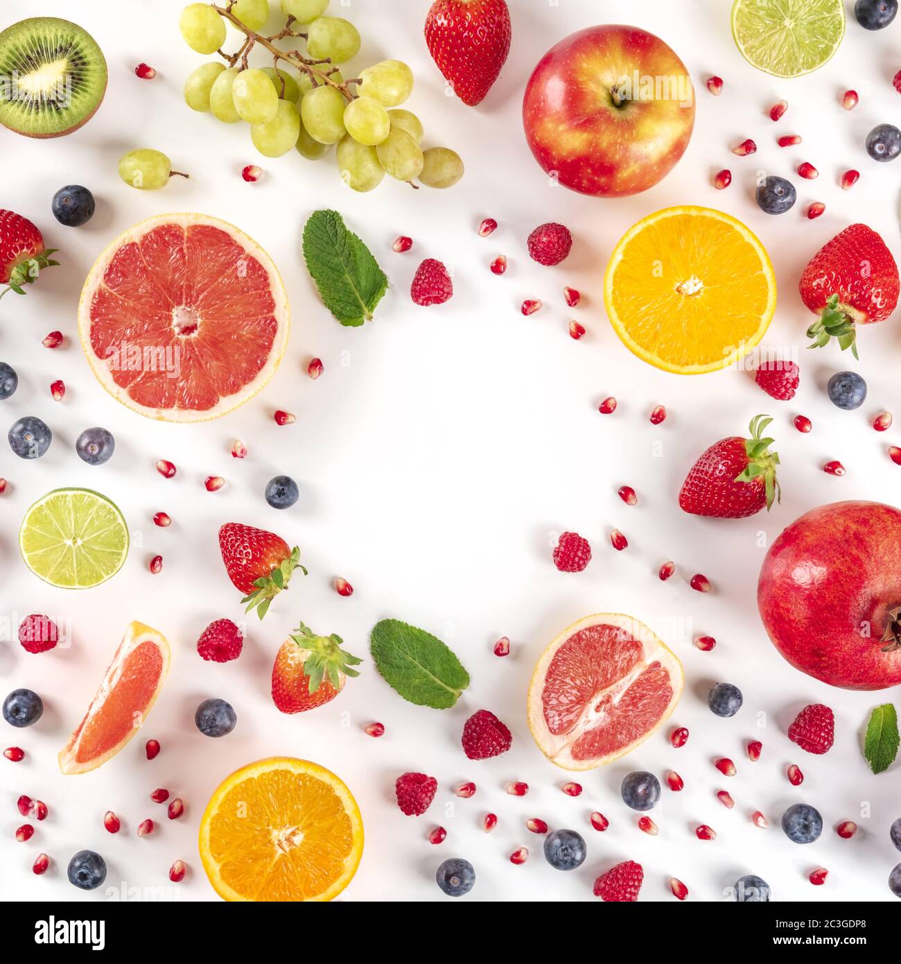 Fresh summer fruit design, a square flatlay on a white background with ...