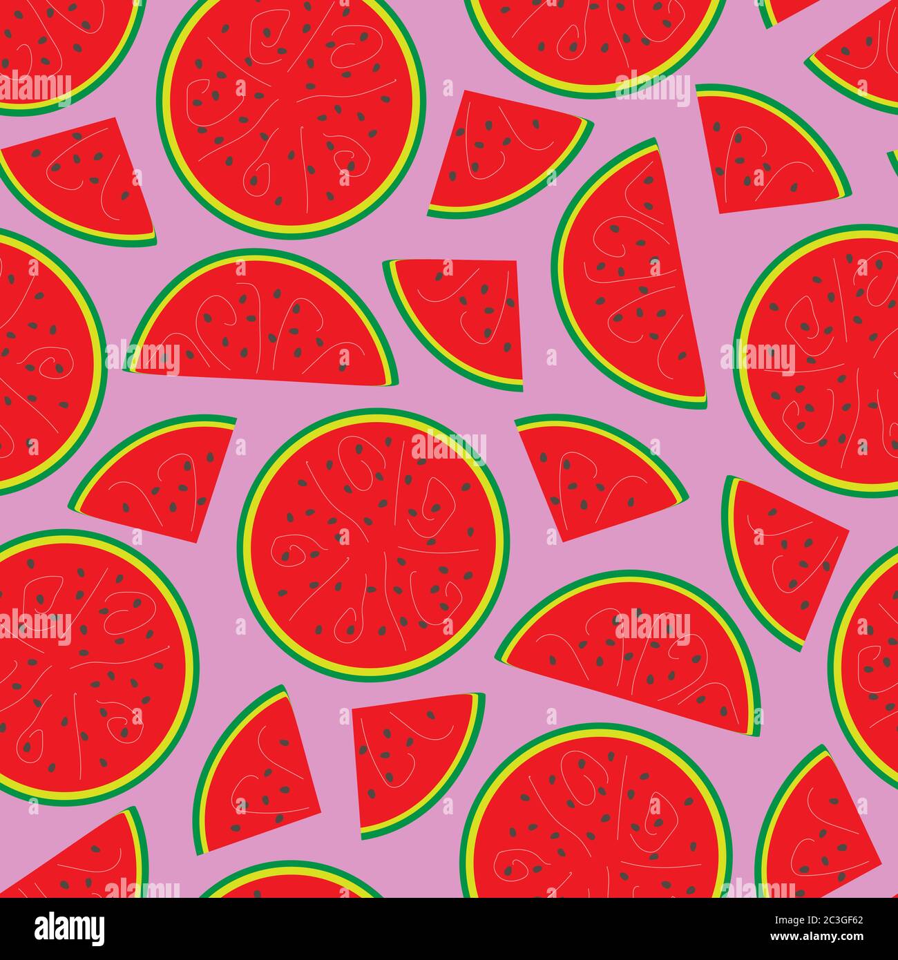 seamless pattern of red watermelons cut in half and slices on a dark pink background Stock ...