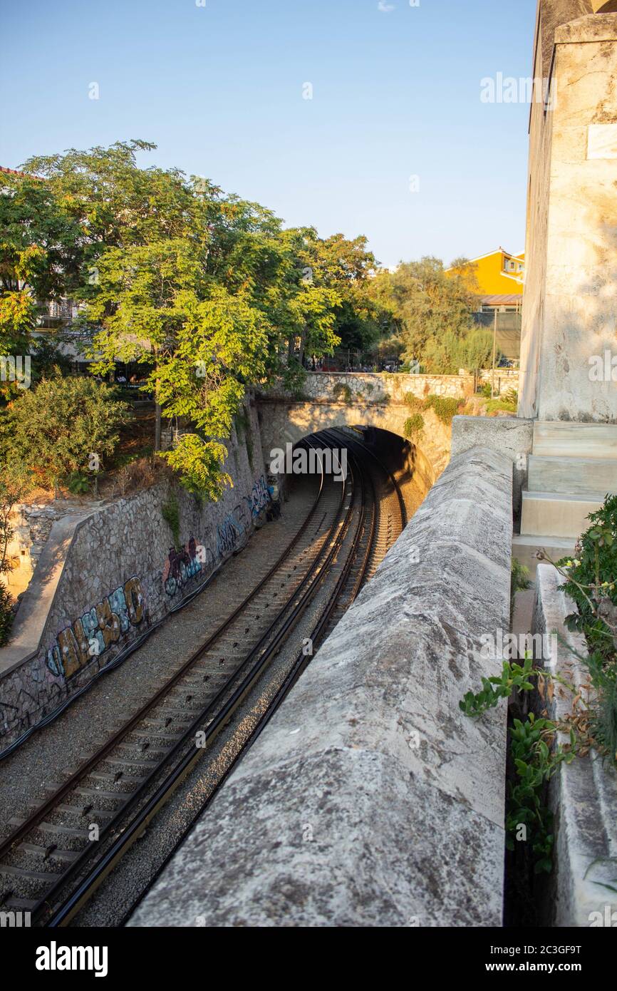 ATHENS, GREECE - Aug 12, 2017: Train tracks in the center of Athens ...