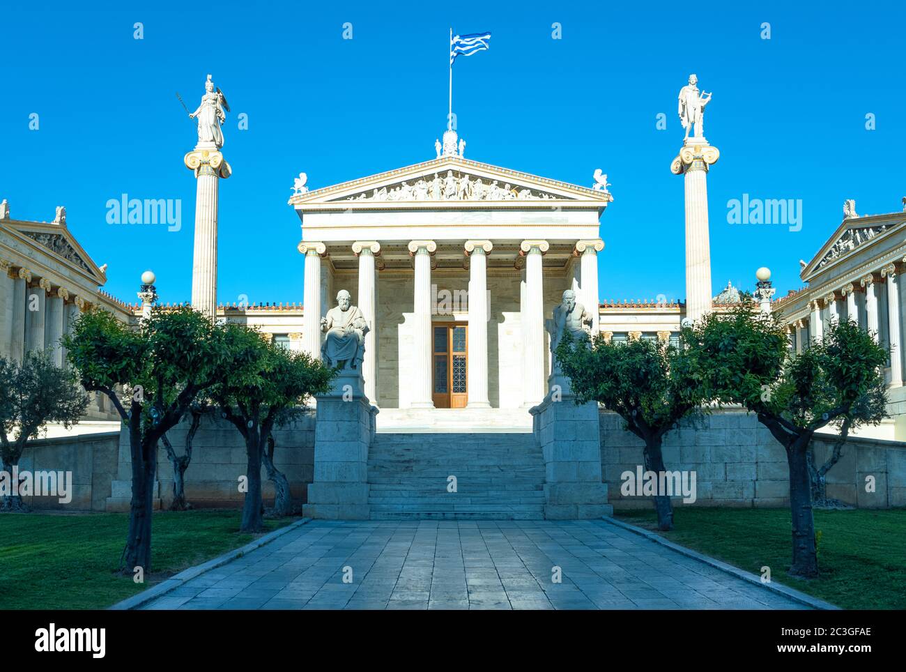 Greece, Athens, the main entrance of the Academy of Athens with statues ...
