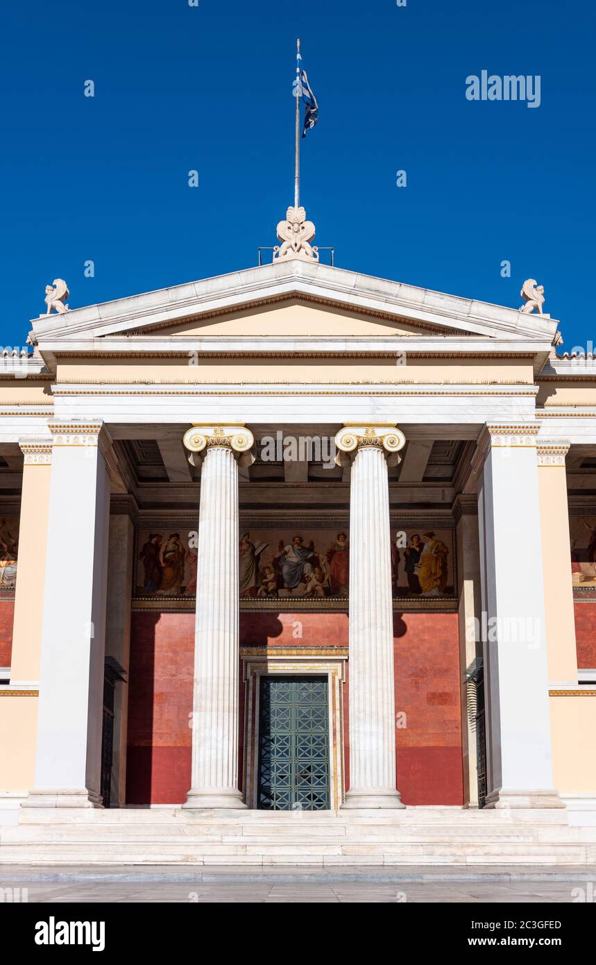 Greece, Athens, the imposing facade of the University of Athens Stock ...