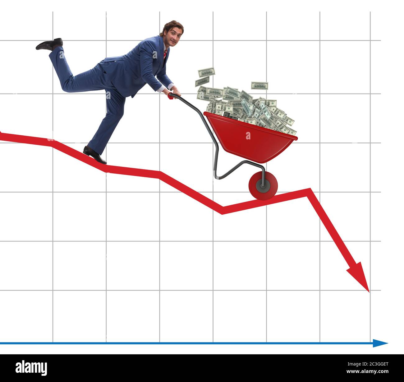 Businessman pushing money wheelbarrow down the chart Stock Photo - Alamy