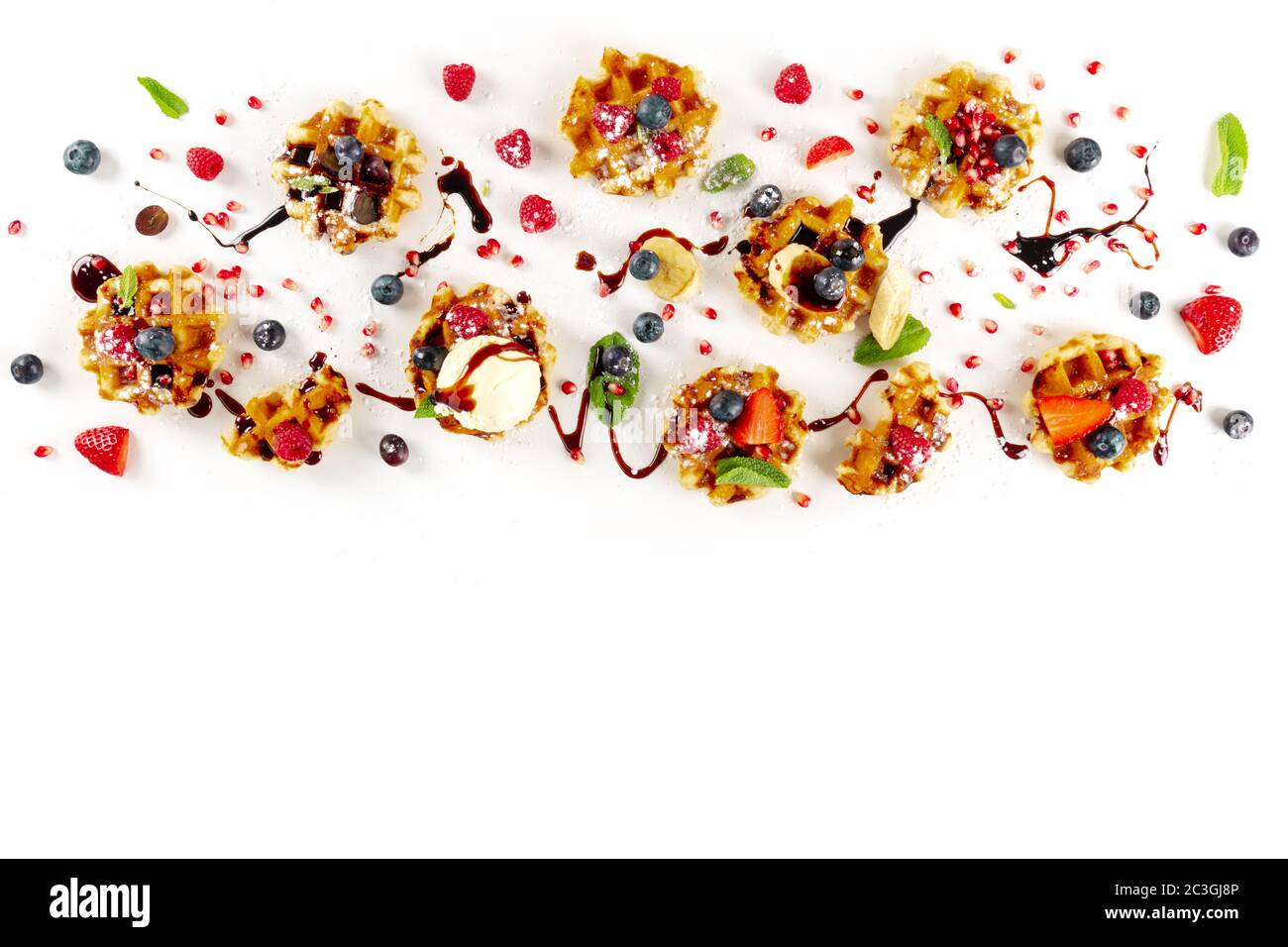 Belgian waffles design template with fresh fruit, chocolate, caramel ...