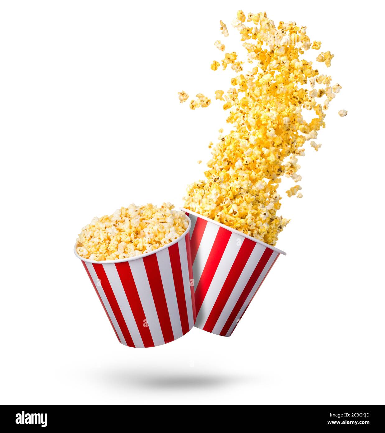 Set of flying popcorn from paper striped buckets isolated on white ...