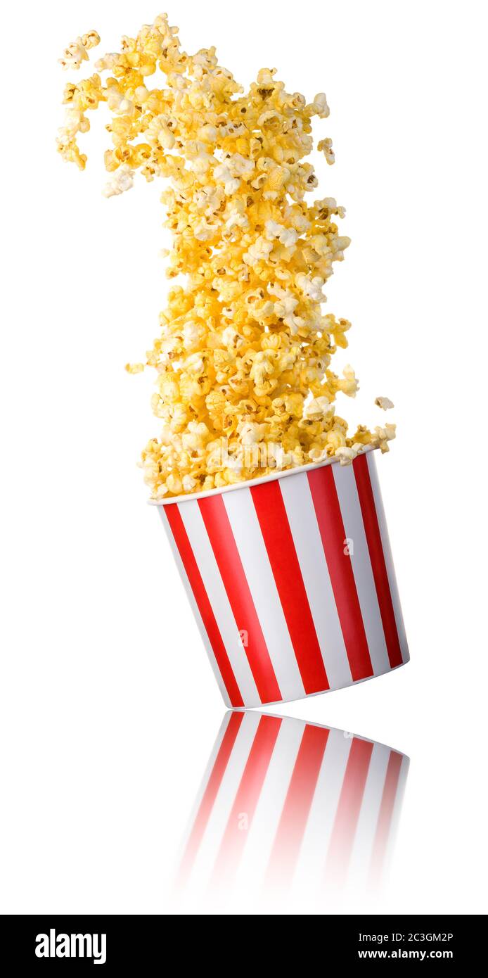 Flying popcorn from paper striped bucket isolated on white background ...