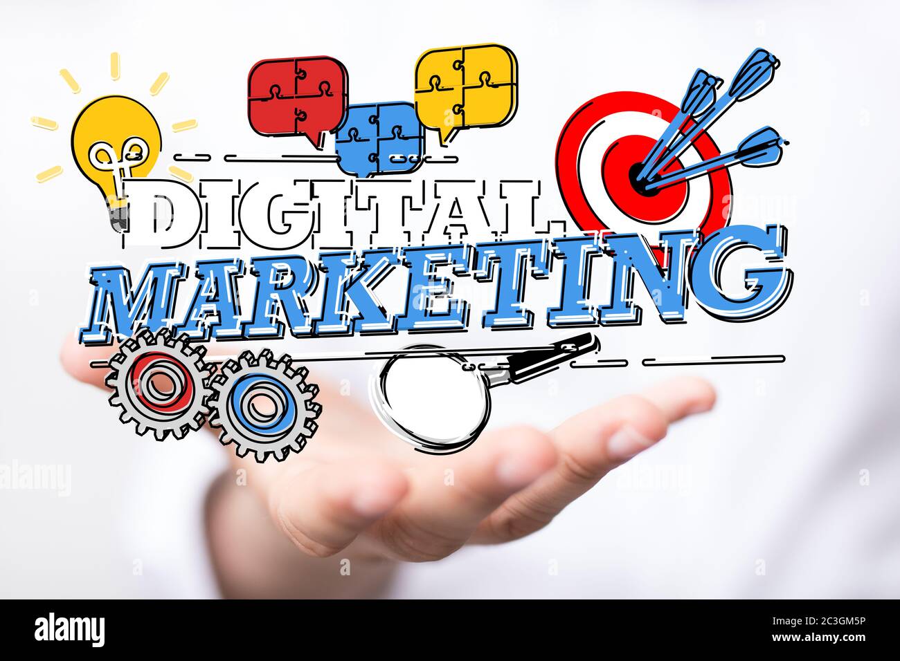 Hand of a man showing the colorful illustration of digital marketing ...