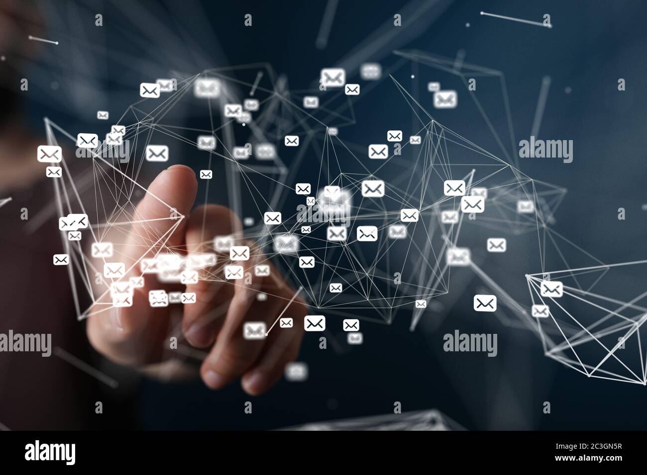 Man pointing his finger to SMS icons connected to each other-virtual ...