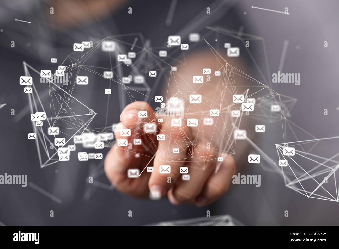 Man pointing his finger to SMS icons connected to each other-virtual ...