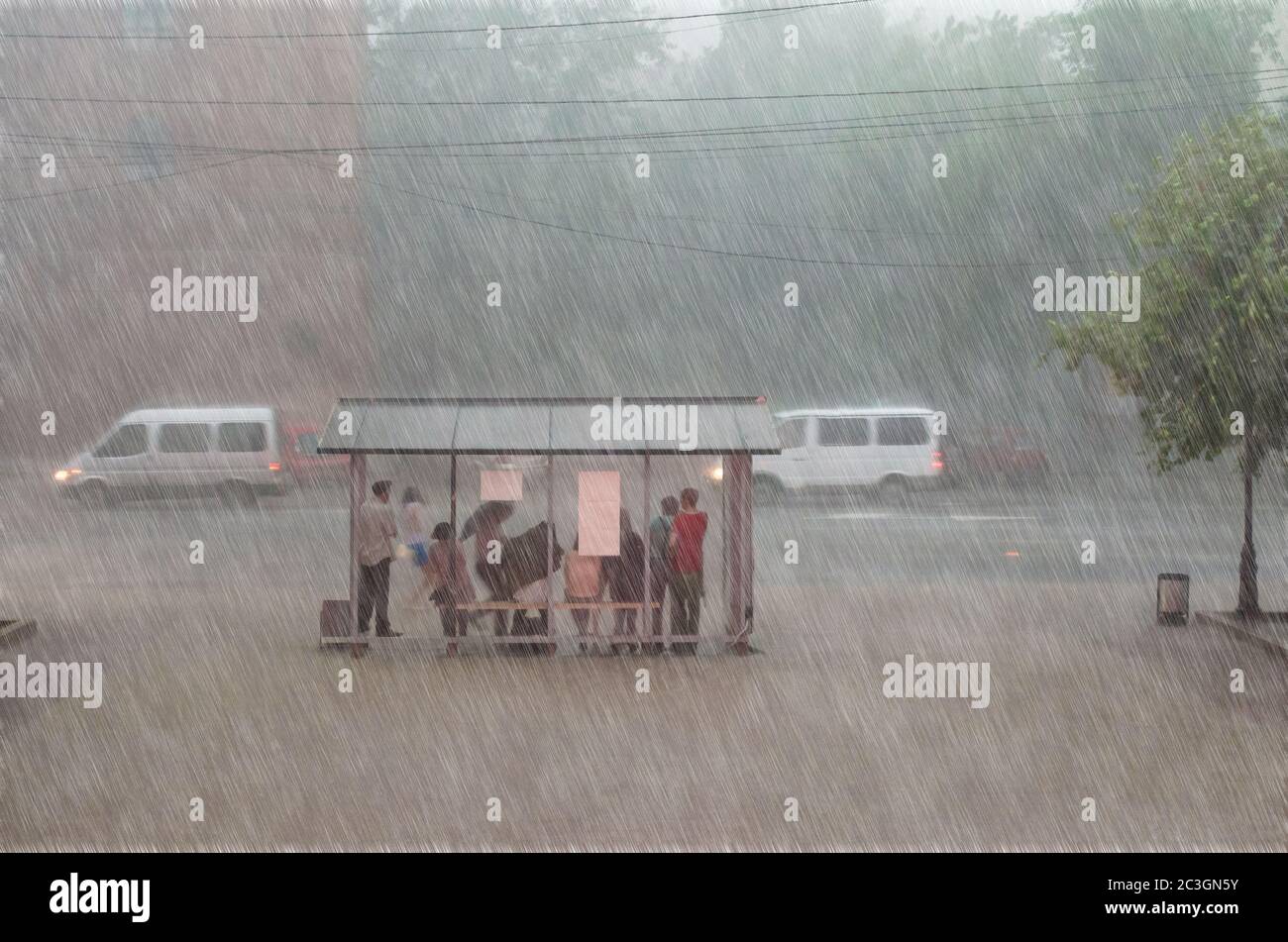 People at bus stop rain hi-res stock photography and images - Alamy