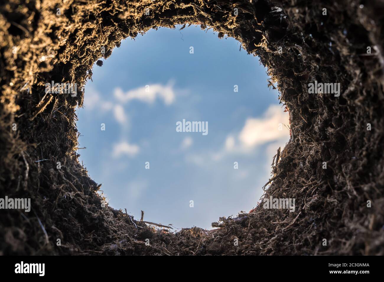 Burrow with the view from the hole towards the sky as a special symbol ...