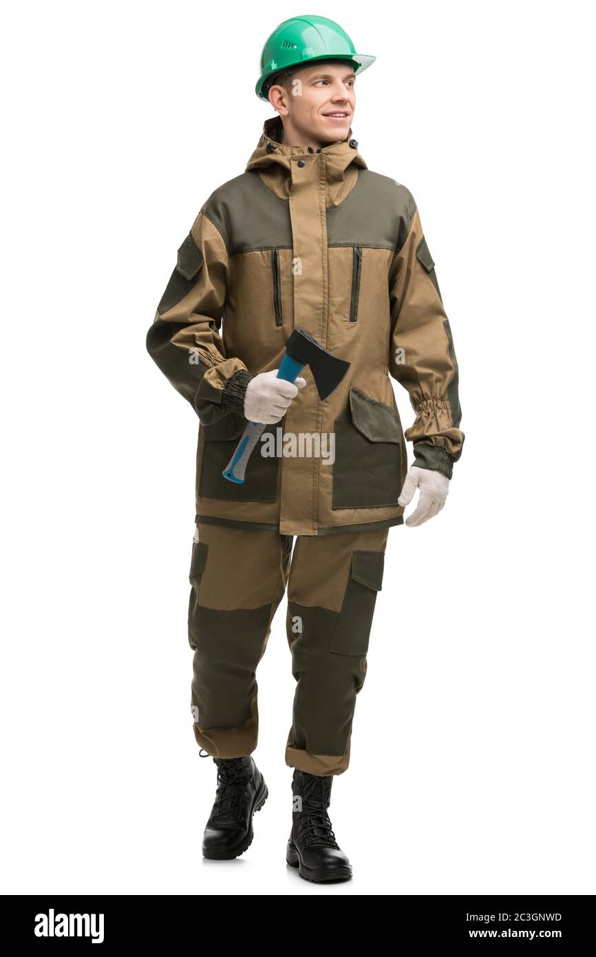 Man in protective suit and helmet with axe Stock Photo - Alamy