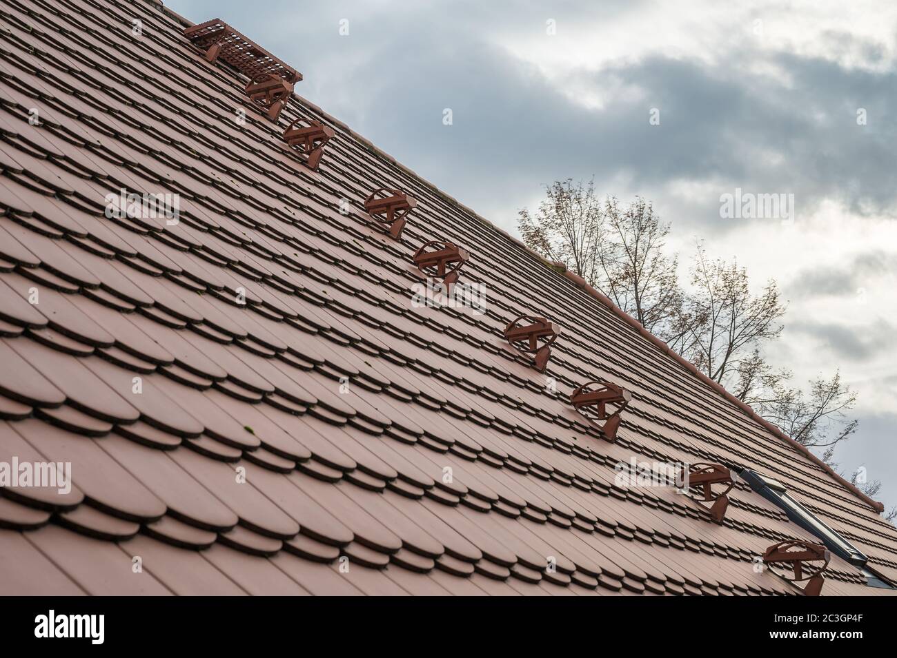 Bieber's tail brick and roof step on a house roof in detail Stock Photo ...