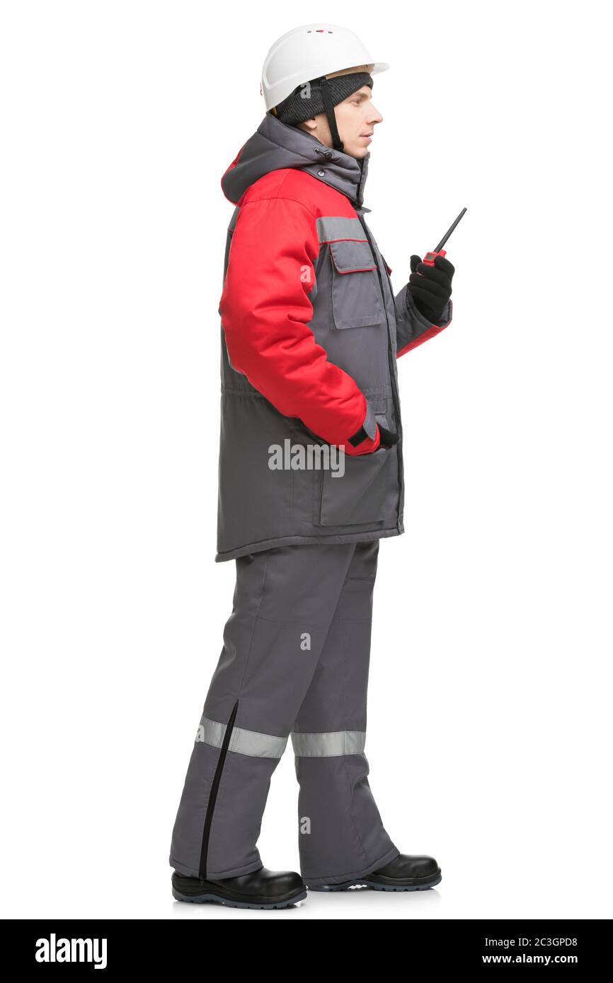 Male model demonstrated protective clothing and helmet in studio Stock ...