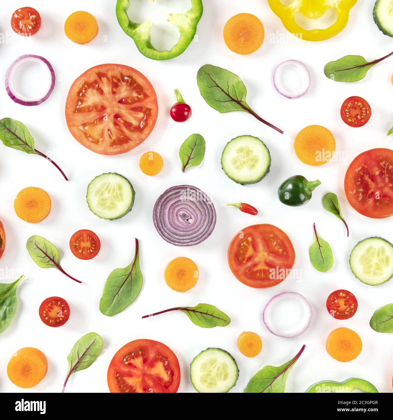Fresh summer vegetables, a flat lay on a white background, vibrant food ...