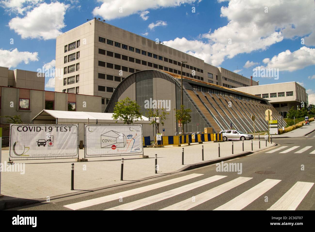 Facade of UZ, Brussels University Hospital with Covid-19 test ...