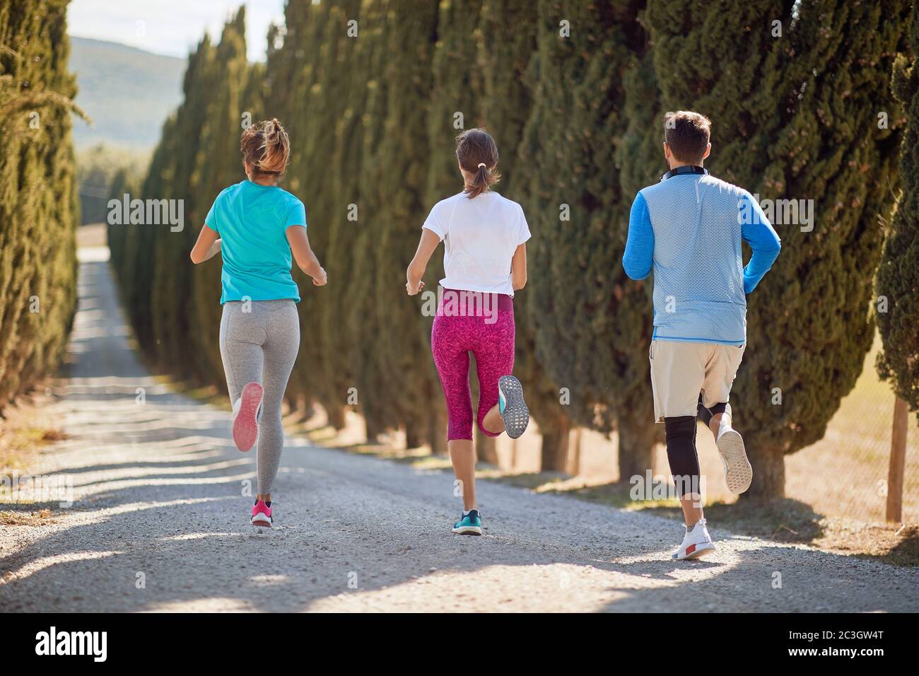 group of people, three, jogging down the gravel road with trees at side ...