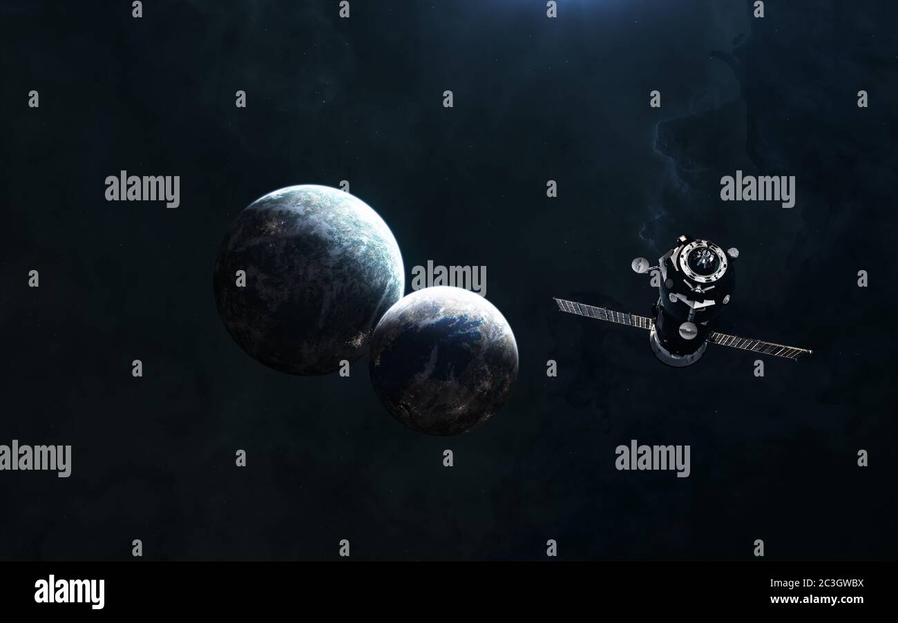 Inhabited planets in blue light. Space station. Deep space Stock Photo ...