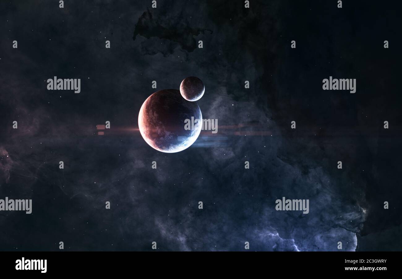 Planets on background of nebulae in red and blue light somewhere in ...