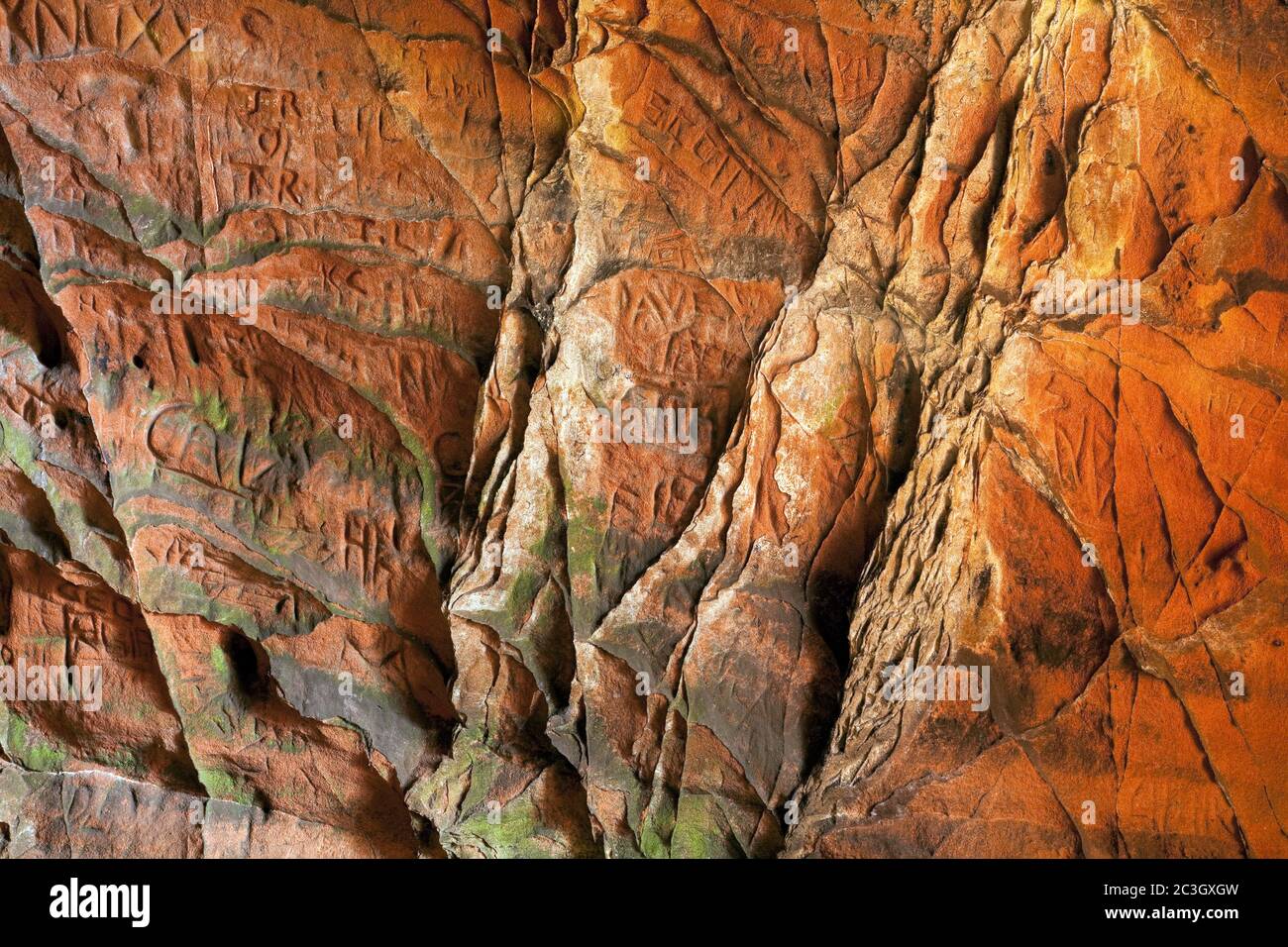 Wall carvings in Lacy's Caves in the Eden Valley, Cumbria, UK Stock ...