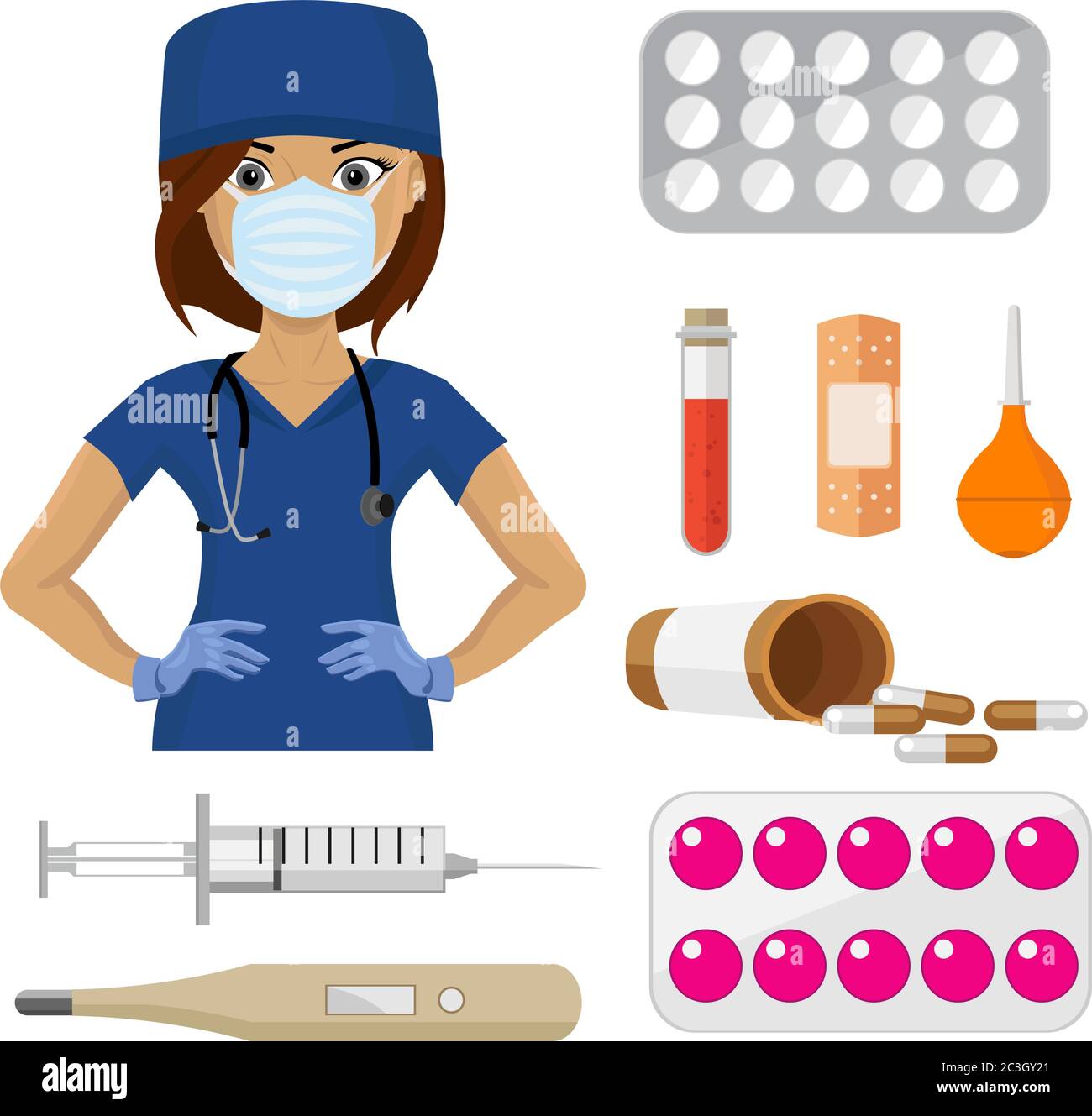 Girl nurse doctor and a set of medicines and medical equipment. Vector ...