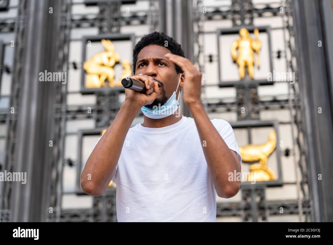 New York, United States. 19th June, 2020. Musician Jon Batiste speaks ...