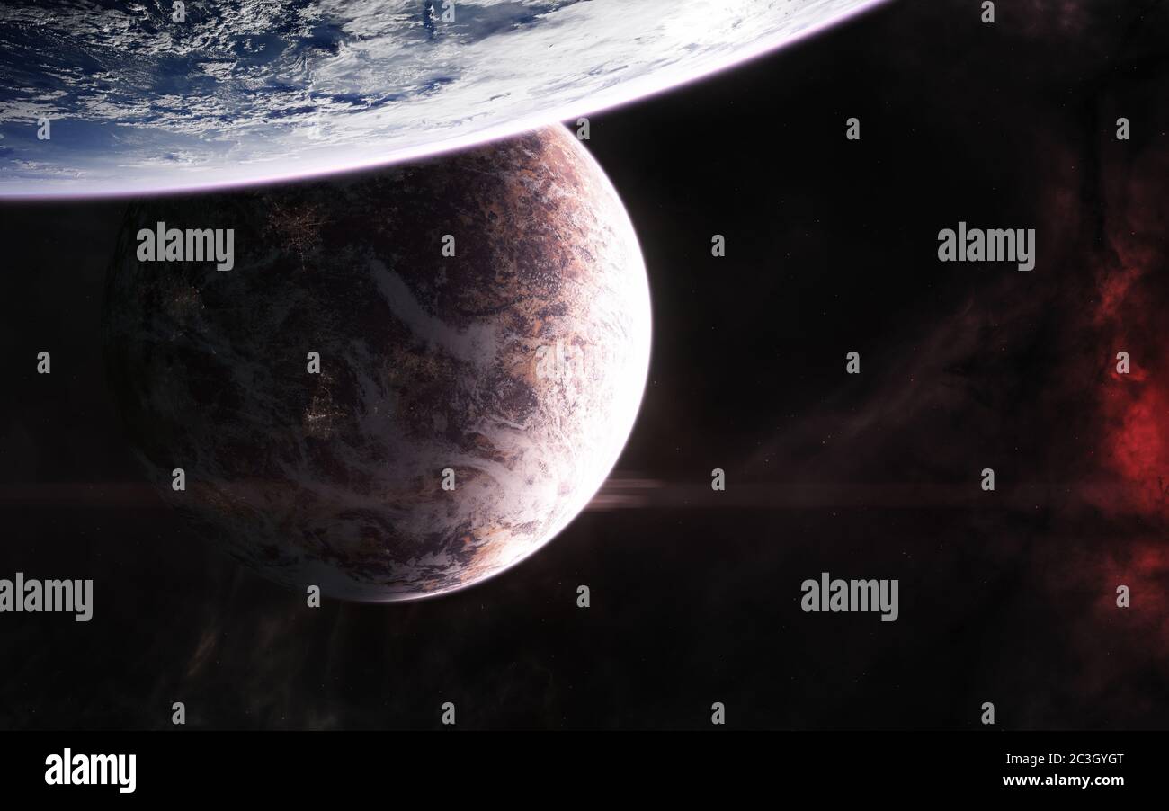 Inhabited planets in red light. Deep space Stock Photo - Alamy
