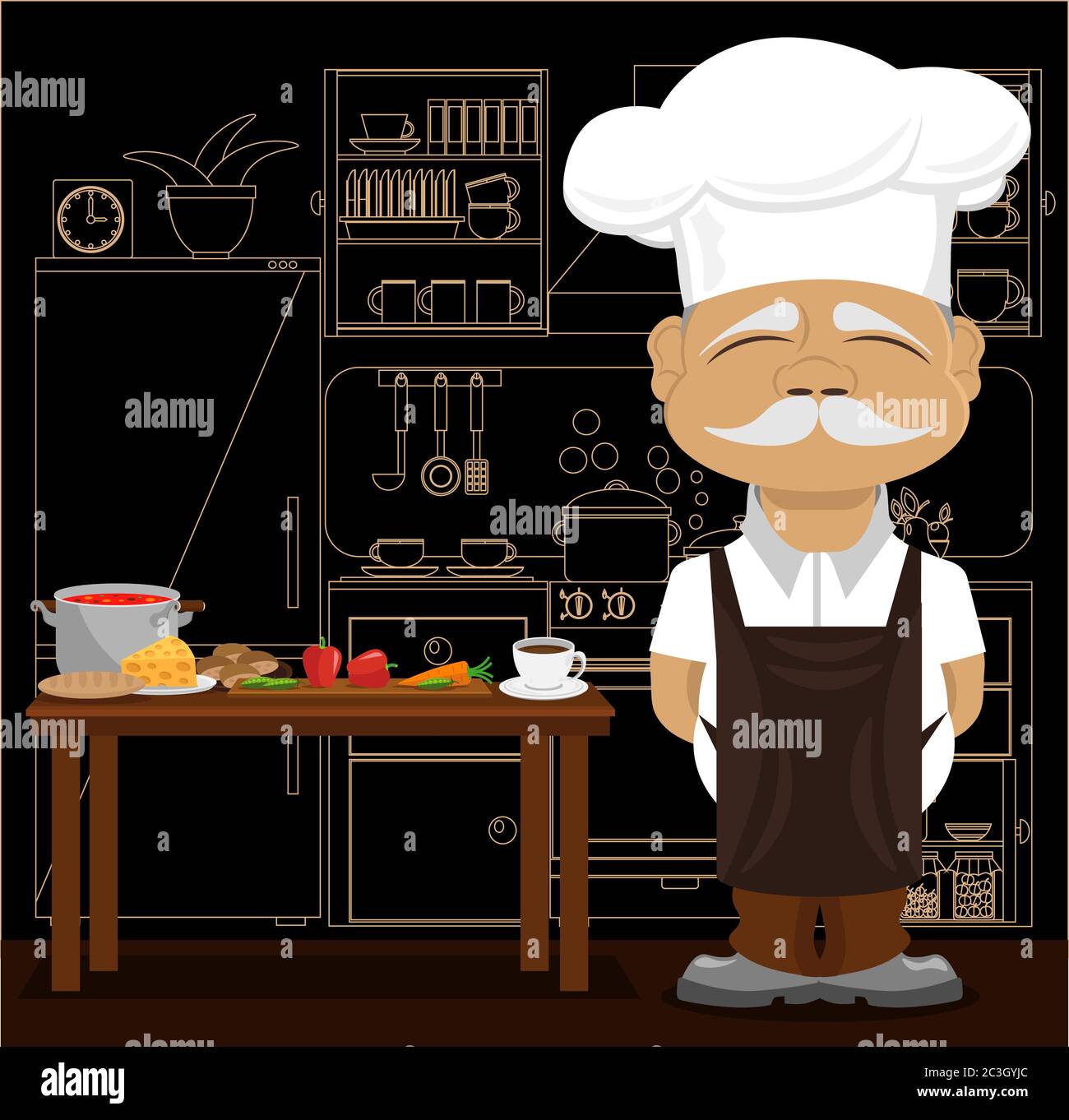 Good chef in the kitchen. Vector illustration on the theme of food and ...