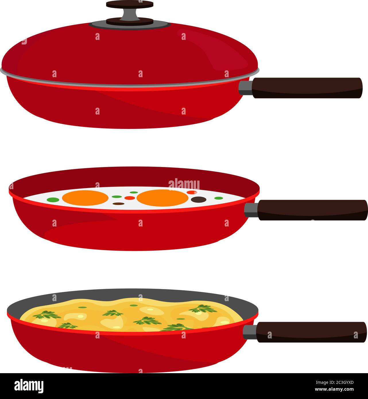A set of pans. Vector kitchen pans with fried eggs and empty ones on a ...