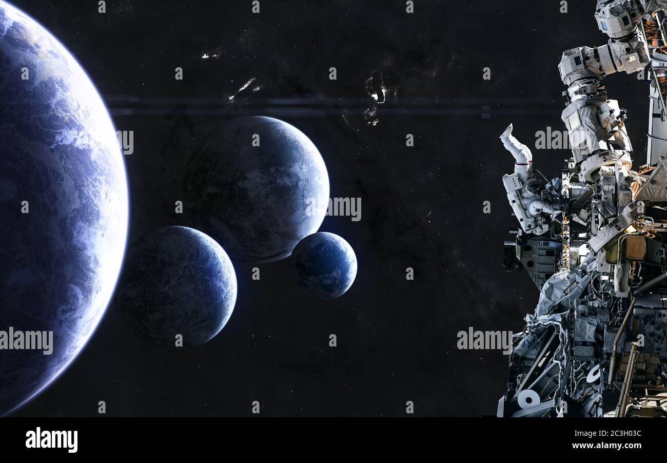 Planets in deep space. Space station, astronaut on background of space ...