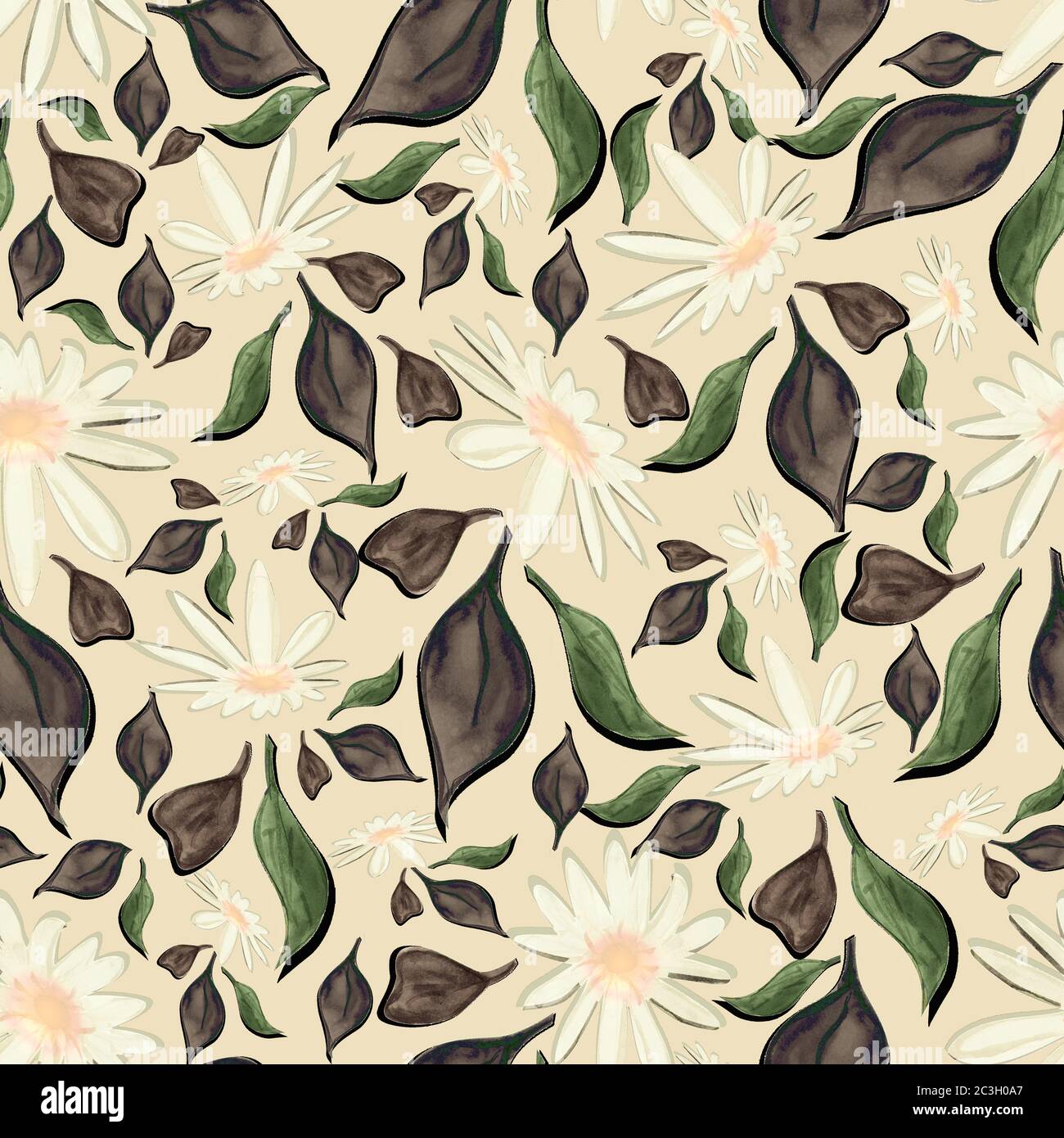 cream flower and leaves seamless pattern design Stock Photo - Alamy