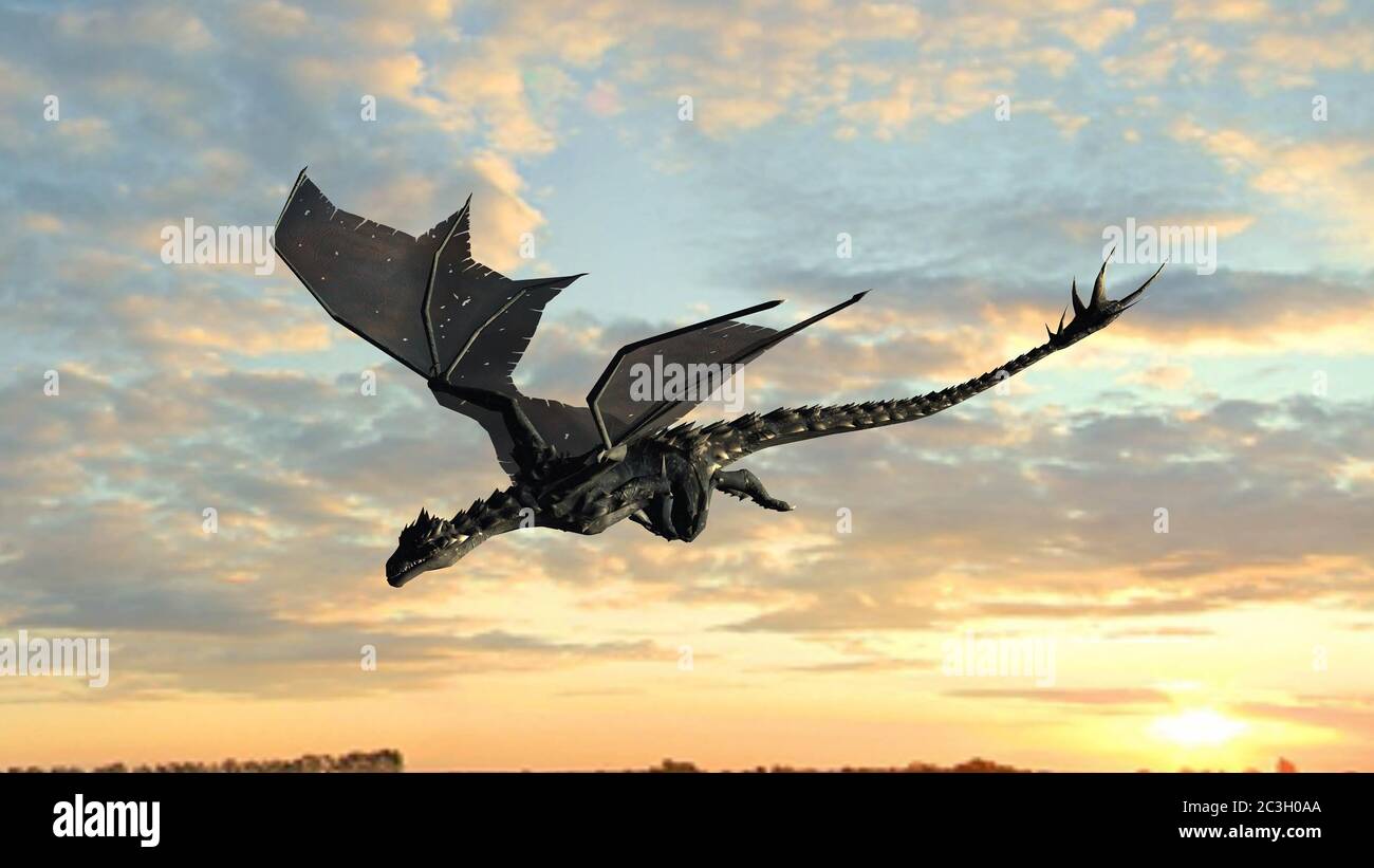 Flying dragon on sky background - 3D illustration Stock Photo - Alamy