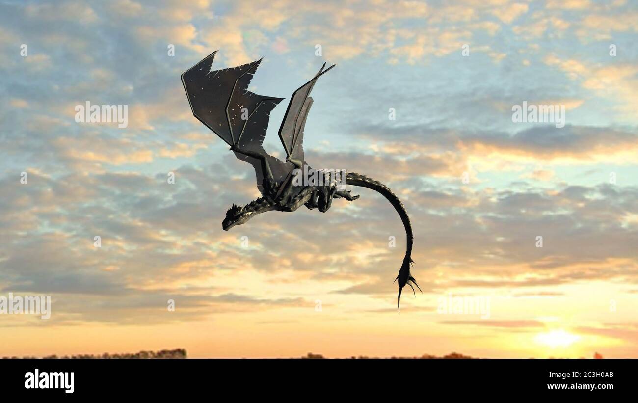 Flying dragon on sky background - 3D illustration Stock Photo - Alamy