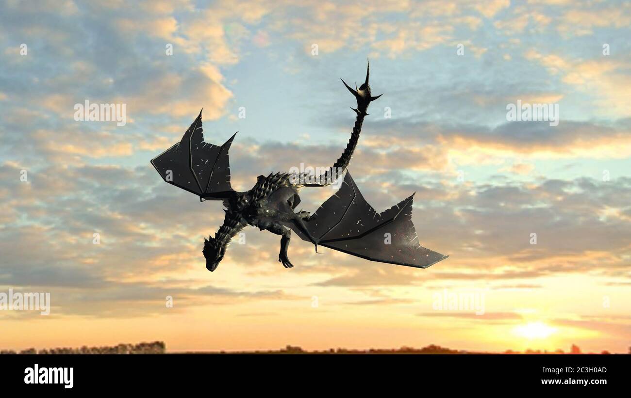 Flying dragon on sky background - 3D illustration Stock Photo - Alamy