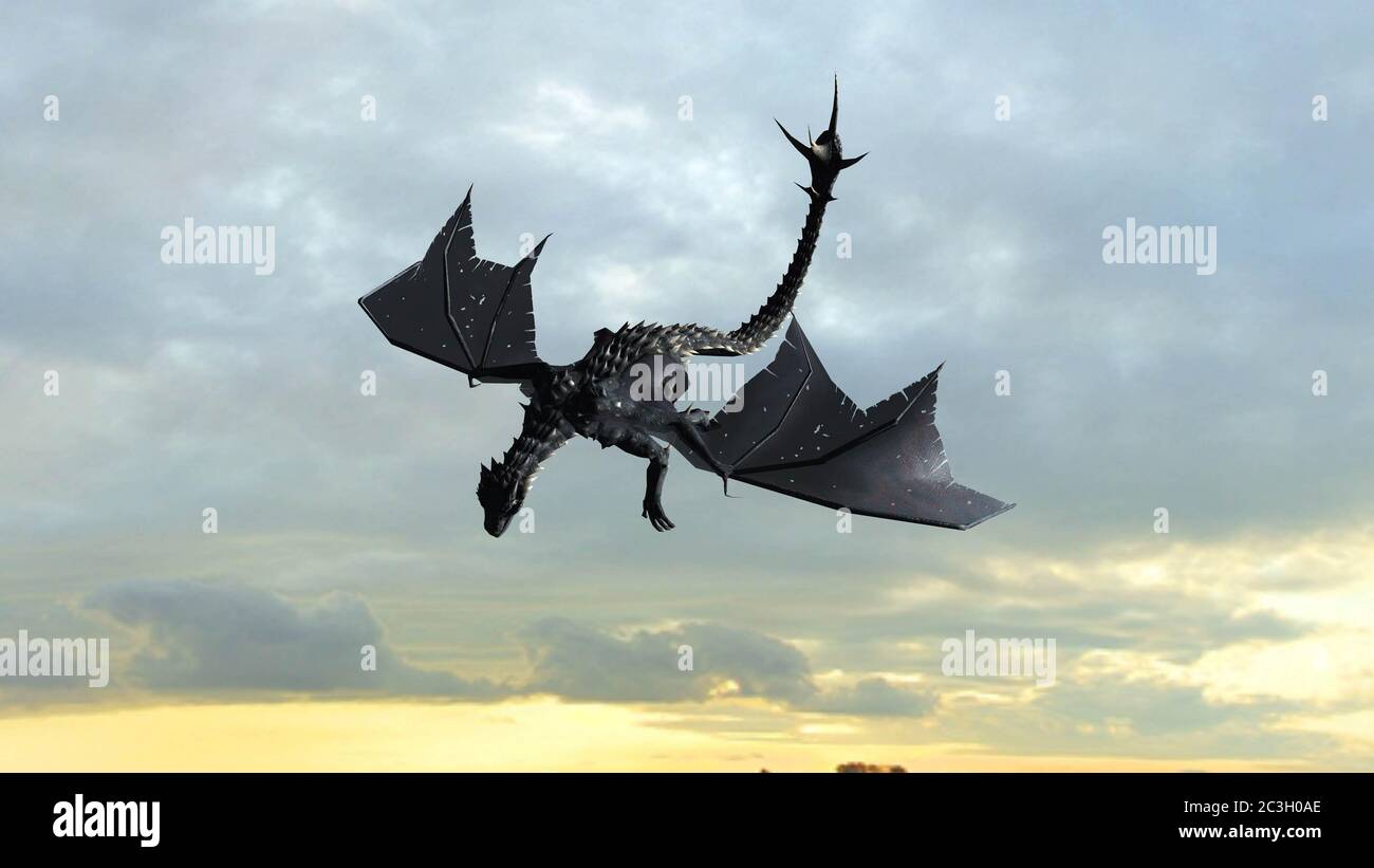 Flying dragon on sky background - 3D illustration Stock Photo - Alamy
