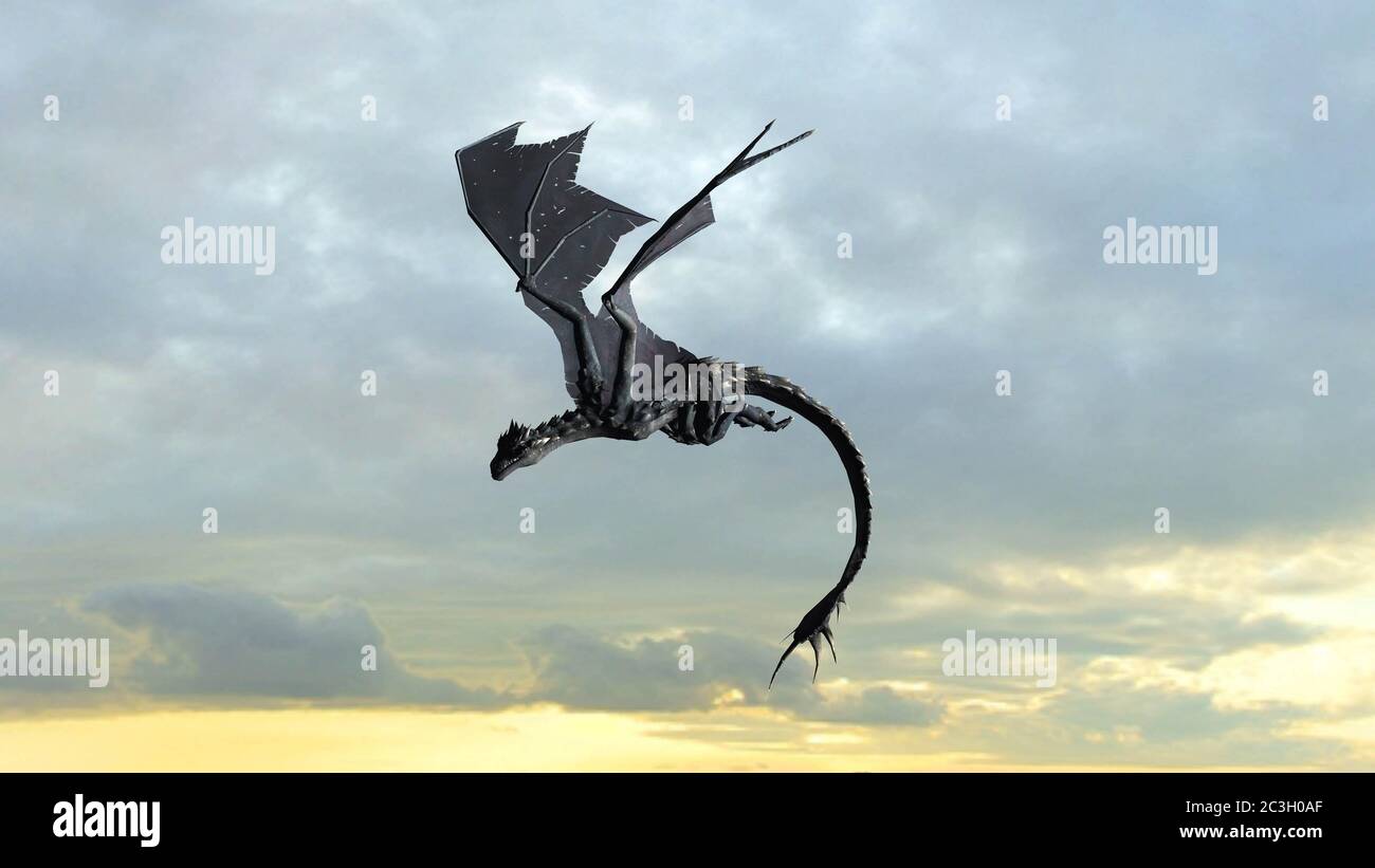 Flying dragon on sky background - 3D illustration Stock Photo - Alamy