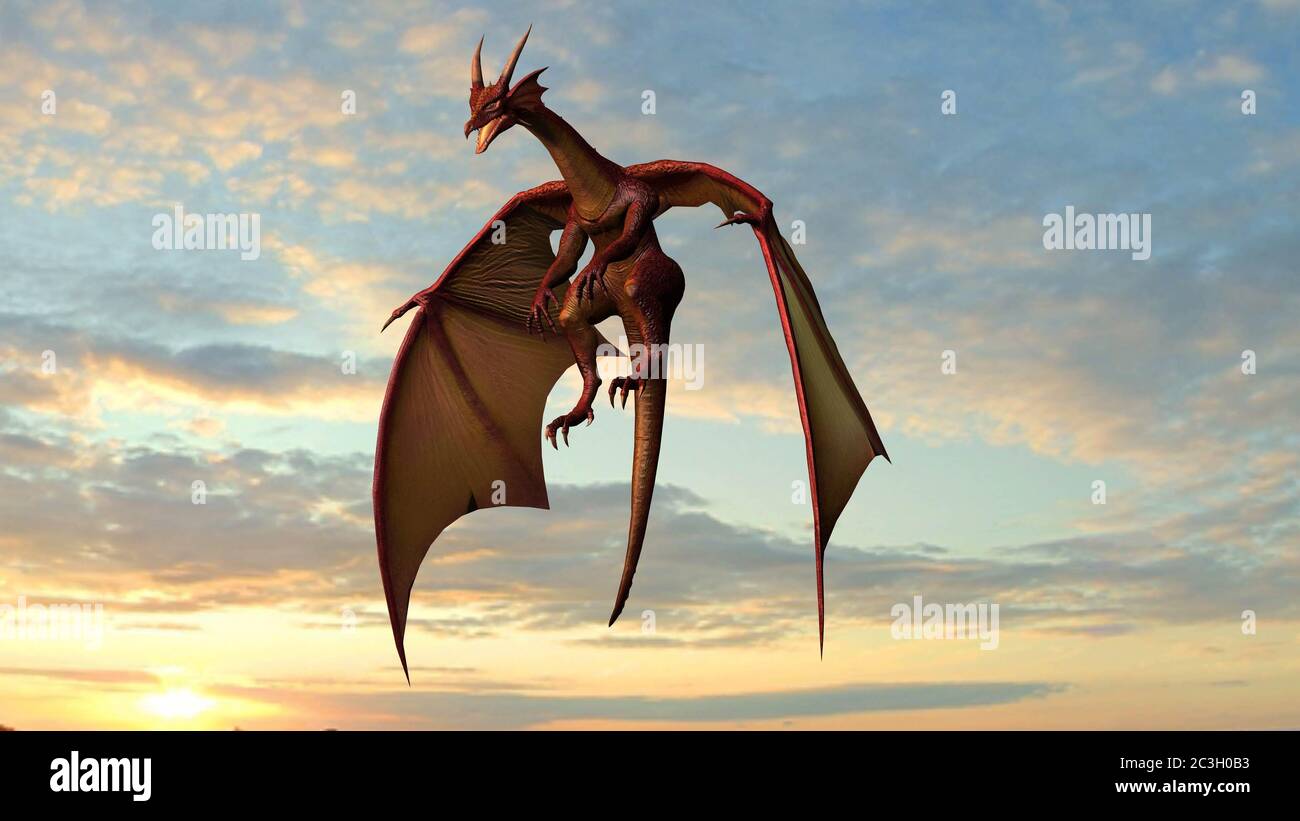 Flying dragon on sky background - 3D illustration Stock Photo - Alamy