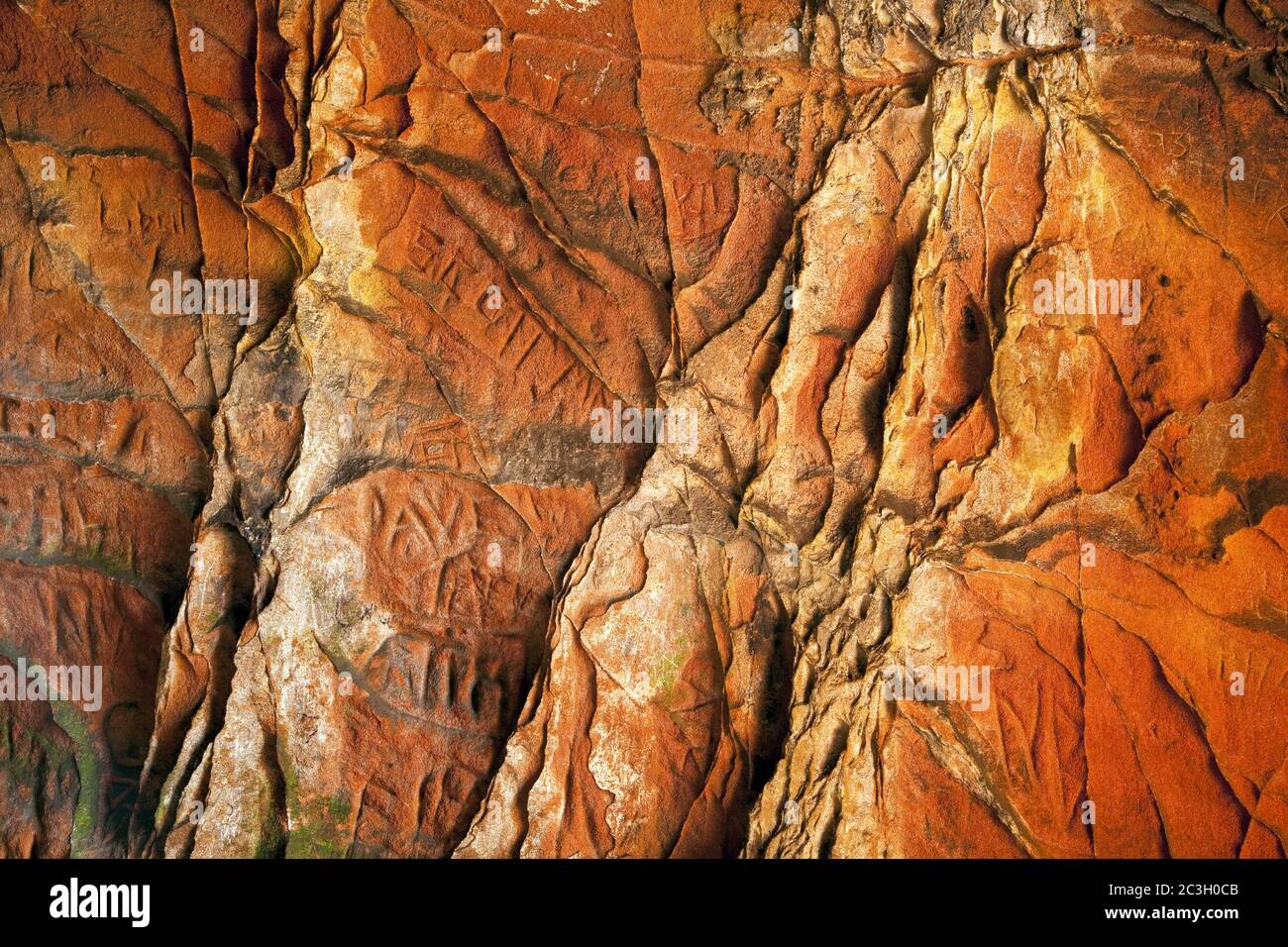 Wall carvings in Lacy's Caves in the Eden Valley, Cumbria, UK Stock ...