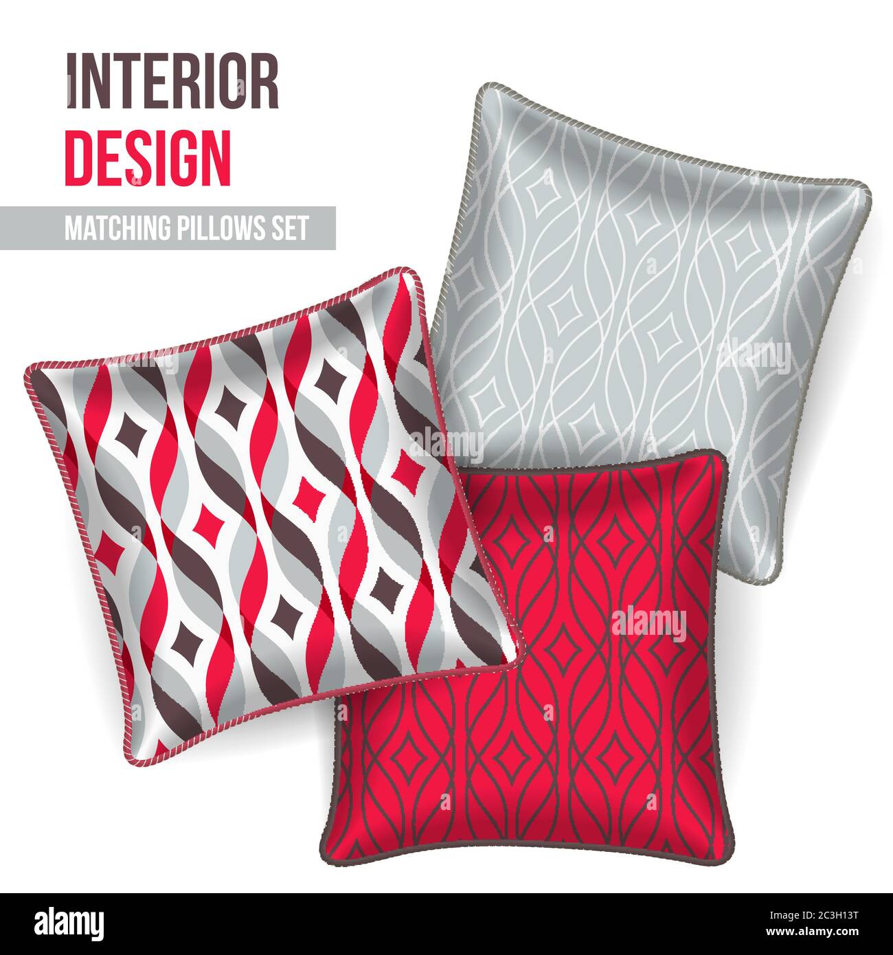 Set of 3 matching pillows for interior design, red ribbon pattern ...