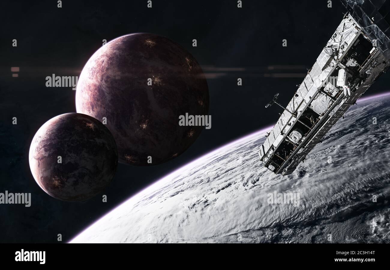 Inhabited planets in deep space. Orbital space station Stock Photo - Alamy