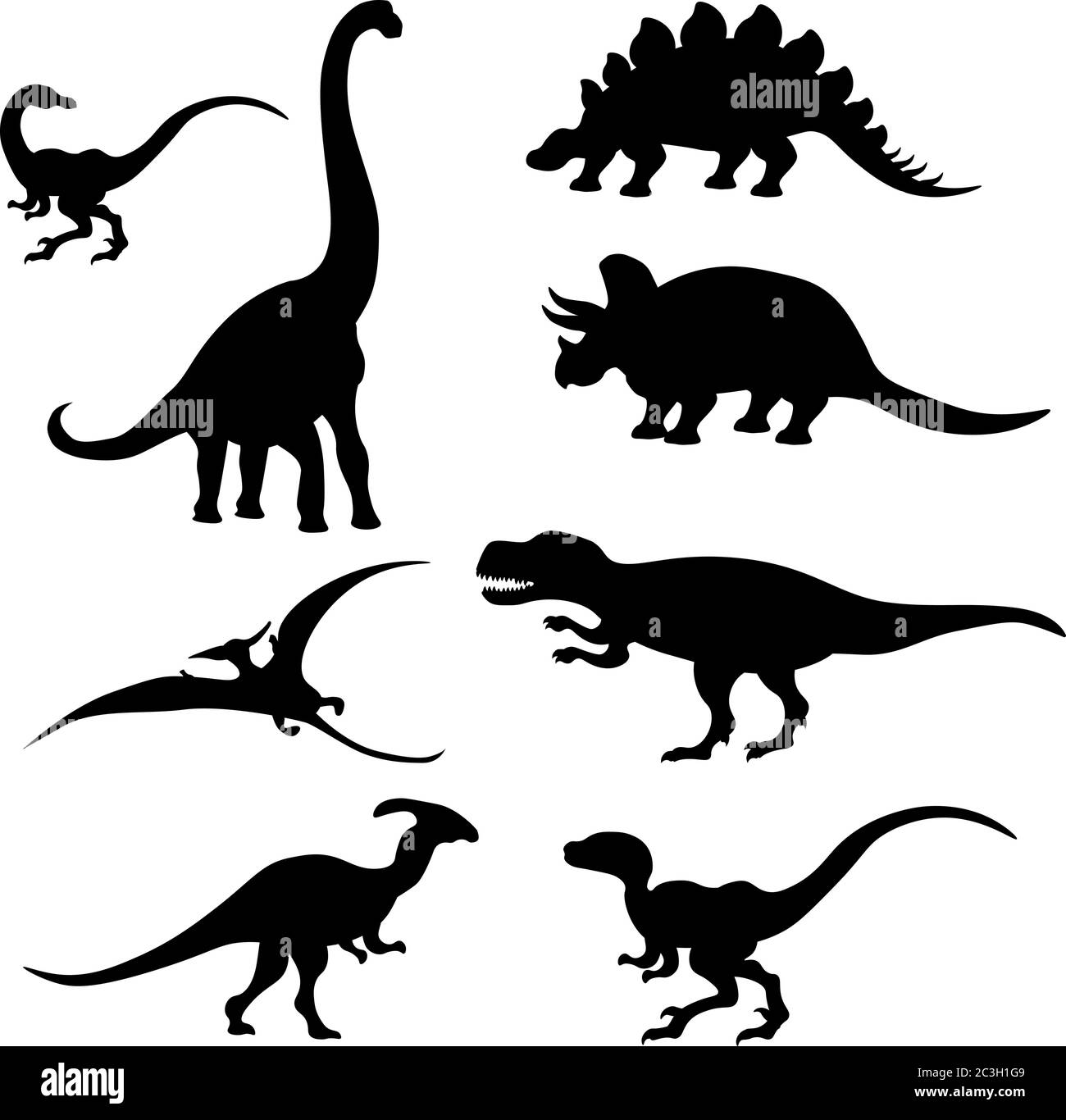 Vector Set Of Different Dinosaur Silhouettes On A White Isolated