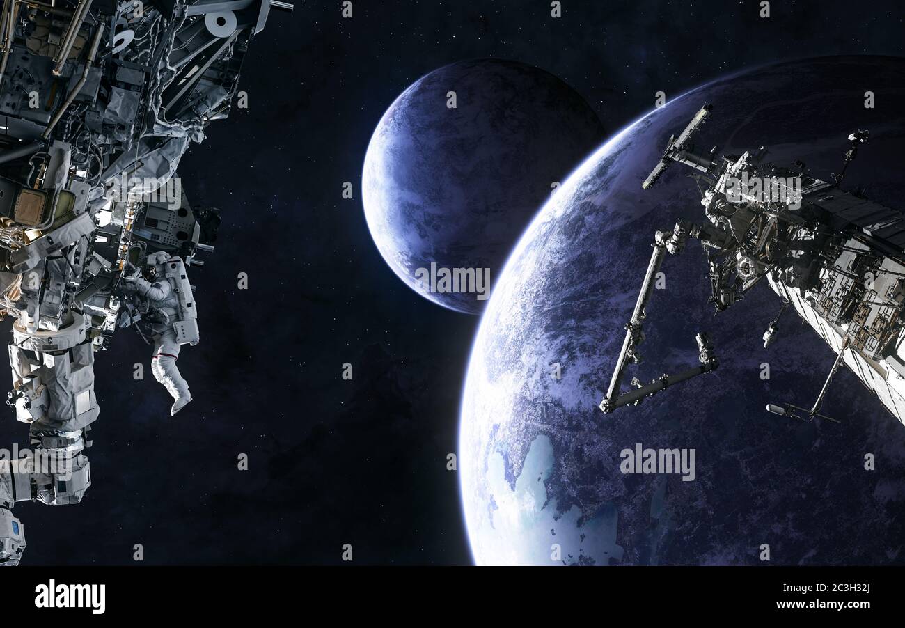 Space station, astronaut on background of planets in deep space Stock ...