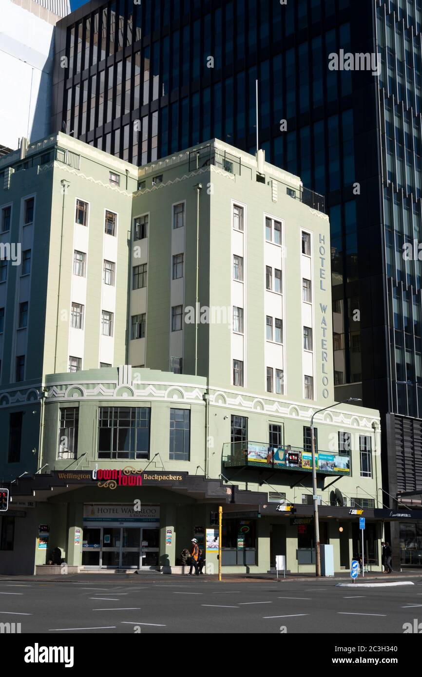 Art Deco building, the Waterloo Hotel in Wellington, North Island, New ...