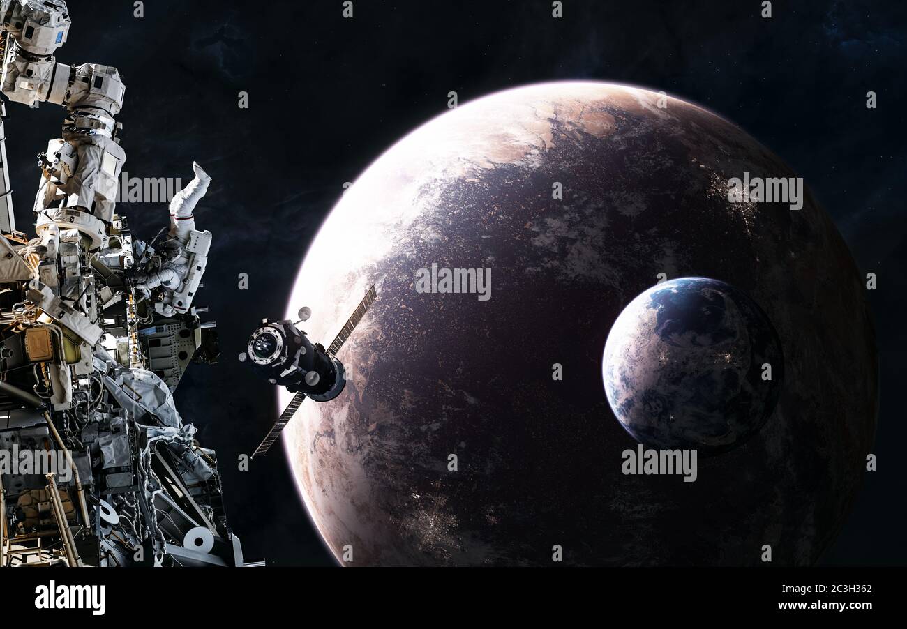Space stations on background of inhabited planets in deep space Stock ...