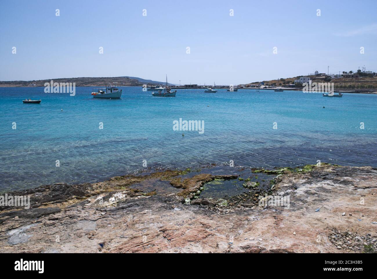 A view of the bay at the port of the Greek island of Koufonissi. A ...
