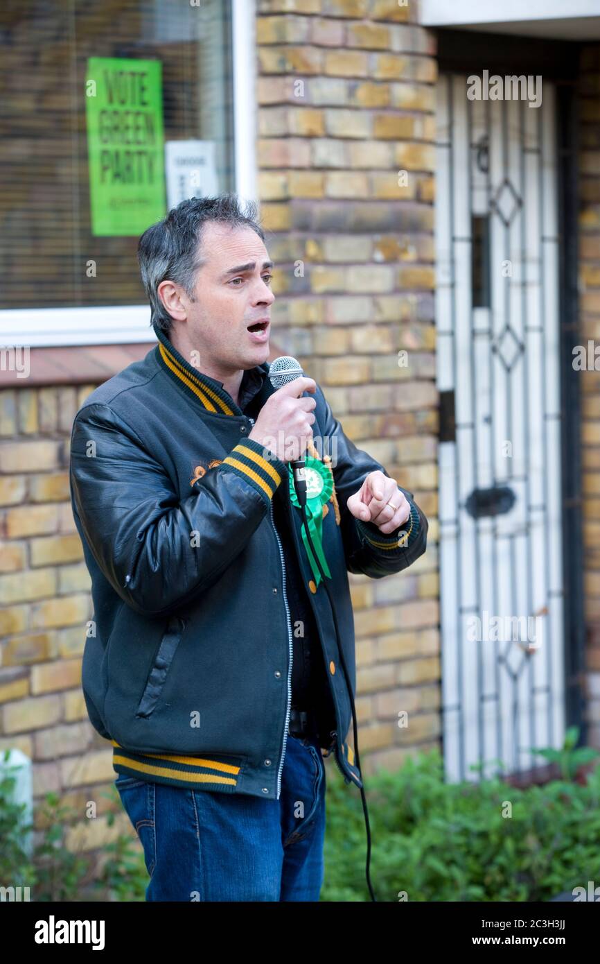 Green Party politician Jonathan Bartley speaks to residents at ...