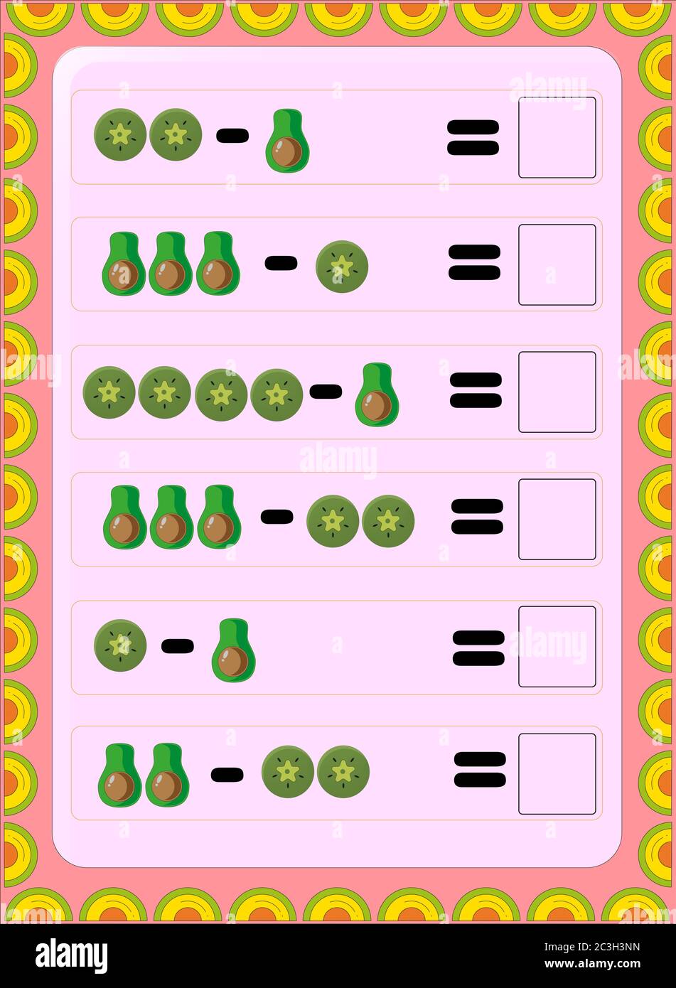 Preschool toddler math with half avocado and slice of kiwi design Stock ...